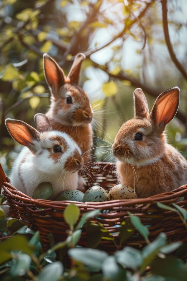 Three Cute Rabbits Sitting in a Basket with Easter Eggs. Perfect for ...