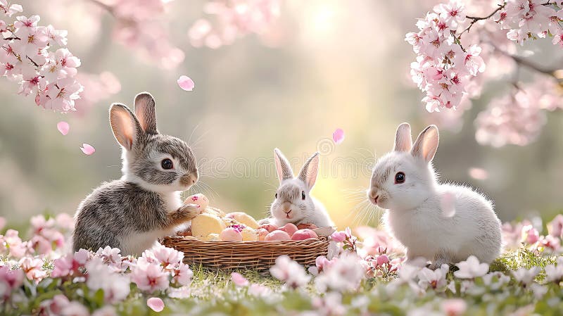Three Cute Rabbits Surrounded by Cherry Blossoms and Easter Eggs ...