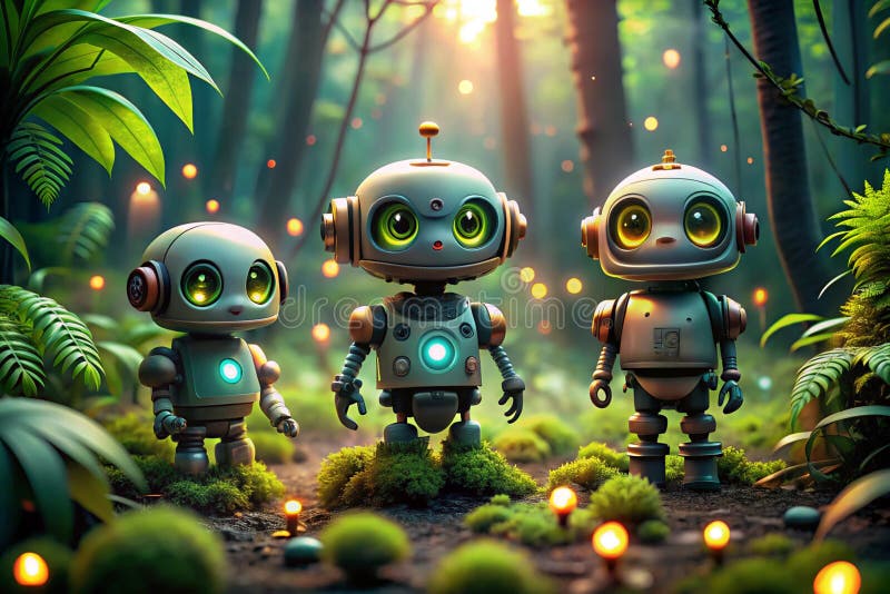 Three Cute Robots Exploring a Lush Green Forest Stock Illustration ...