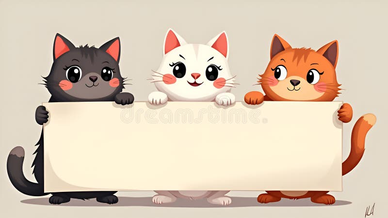 Three Cute Smiling Cats Holding an Empty Banner Stock Illustration ...