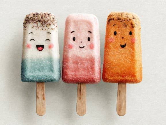 Three Cute Smiling Popsicles on Beige Background Stock Illustration ...