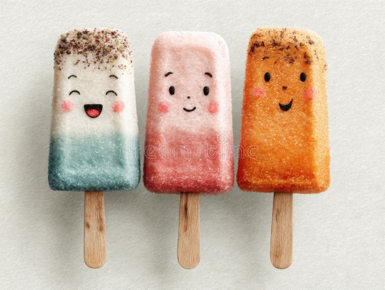 Three Cute Smiling Popsicles on Beige Background Stock Illustration ...