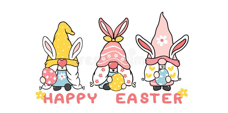 Three Cute Sweet Easter Bunny Gnome with Rabbit Ears, Happy Easter ...