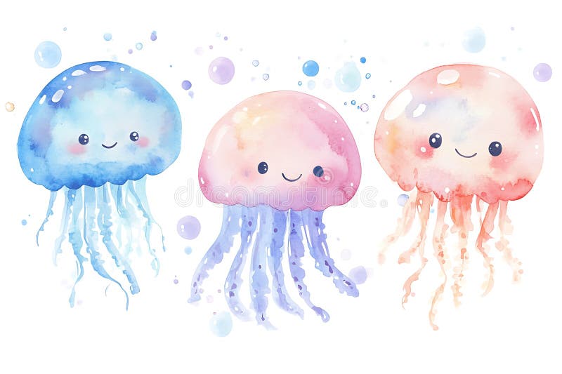 Three Cute Watercolor Jellyfish Stock Illustration - Illustration of ...