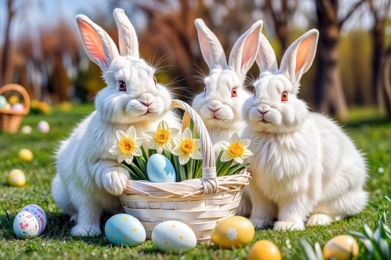 Three Cute White Easter Bunnies are Sitting Next To a Basket Filled ...