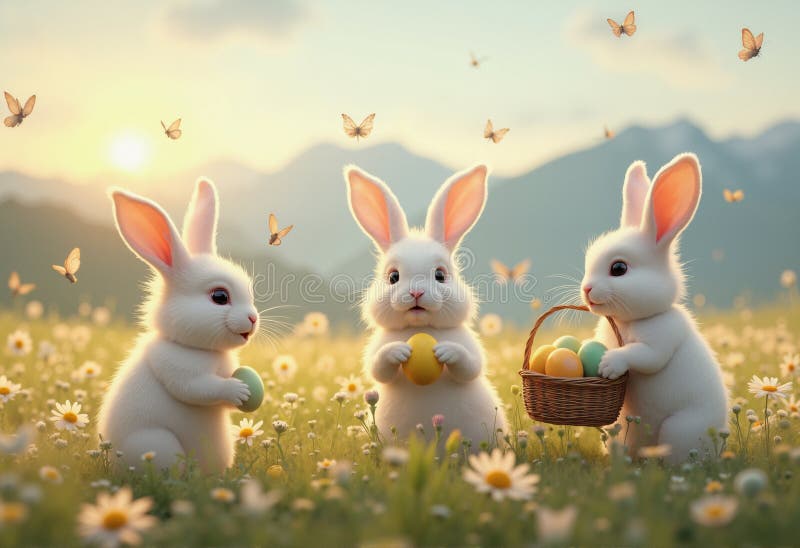 Three Cute White Rabbits Holding Easter Eggs in Their Paws and Sitting ...