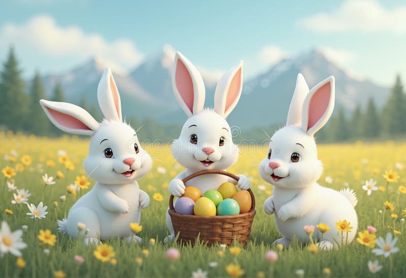 Three Cute White Rabbits Holding Easter Eggs in Their Paws and Sitting ...