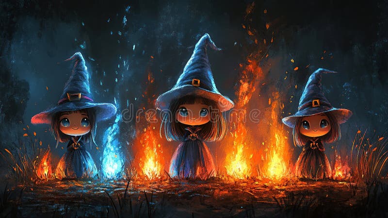 Three Cute Witches Casting Spells Over Flames and Blue Fire in a Dark ...