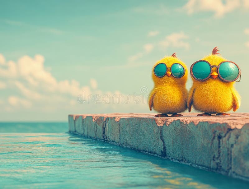 Three Cute Yellow Chicks Sporting Blue Sunglasses on a Blue Studio ...