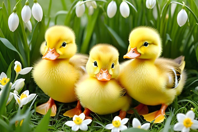 Three Cute Yellow Ducks in the Nature. AI Generated Stock Illustration ...