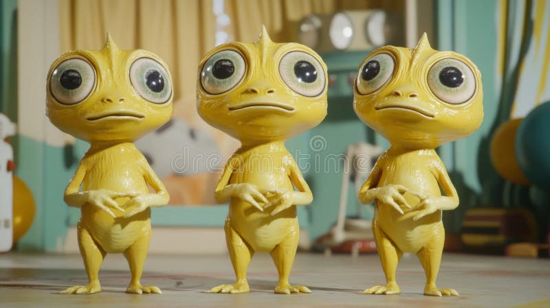 Three Cute Yellow Lizards in a Retro Setting Stock Illustration ...