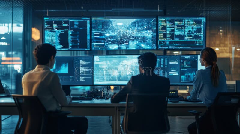 Three Cybersecurity Professionals Working Late in a Dark Office Stock ...