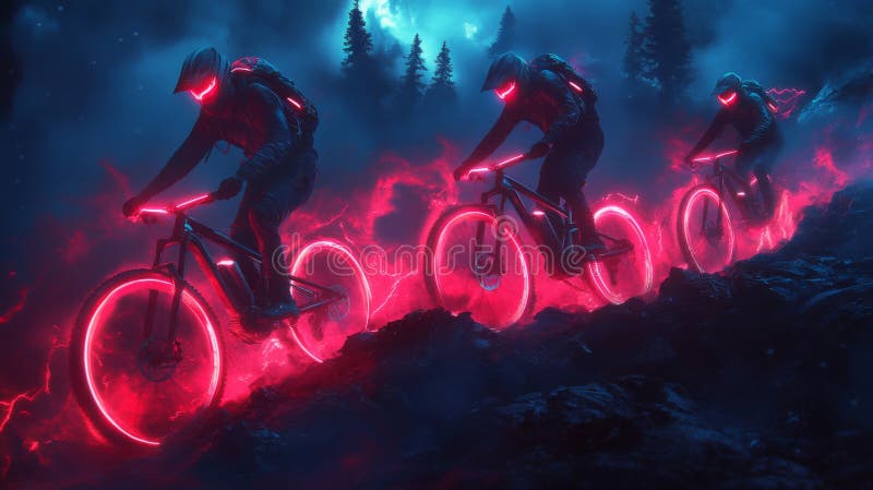 Three Cyclists Riding Bikes through a Dark Forest at Night with Glowing Red Lights Stock ...
