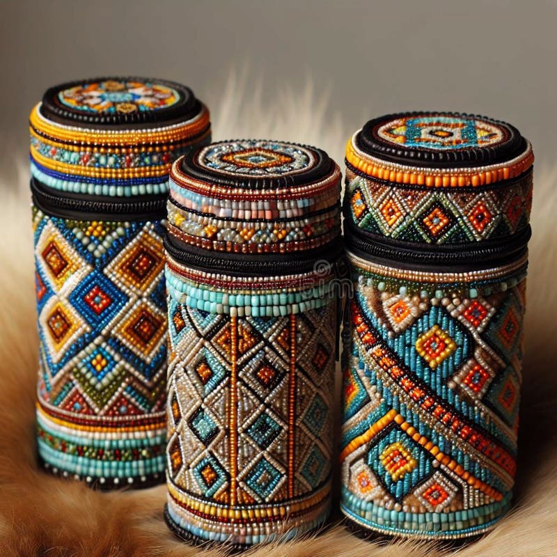 Three Cylindrical Containers Decorated with Intricate Beadwork in ...