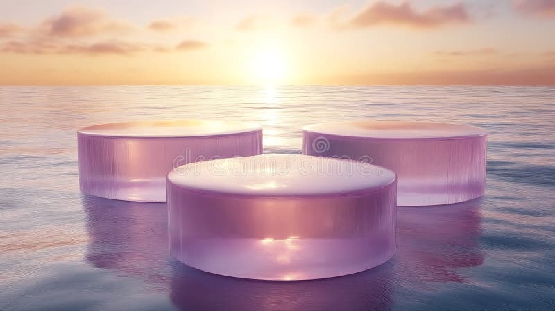 Three Cylindrical Platforms at Sunset Over Water Stock Illustration ...