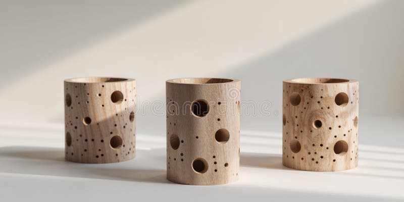 Three Cylindrical Wooden Items with Holes and Textured Surfaces are ...