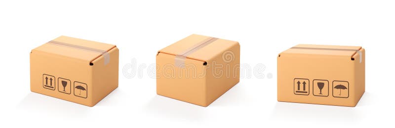 Three 3D Cardboard Closed Box Isolated on White Background. Render ...