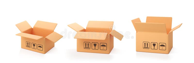 Three 3D Cardboard Open Box Isolated on White Background. Delivery ...
