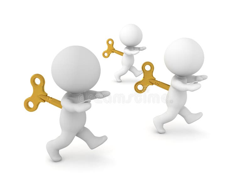 Three 3D Characters with Toy Wind-up Keys in Their Back Marching Stock ...