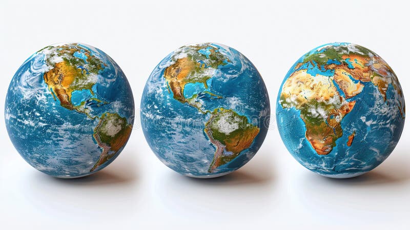 Three 3D Globes of Earth Against a White Background, Each Showing ...