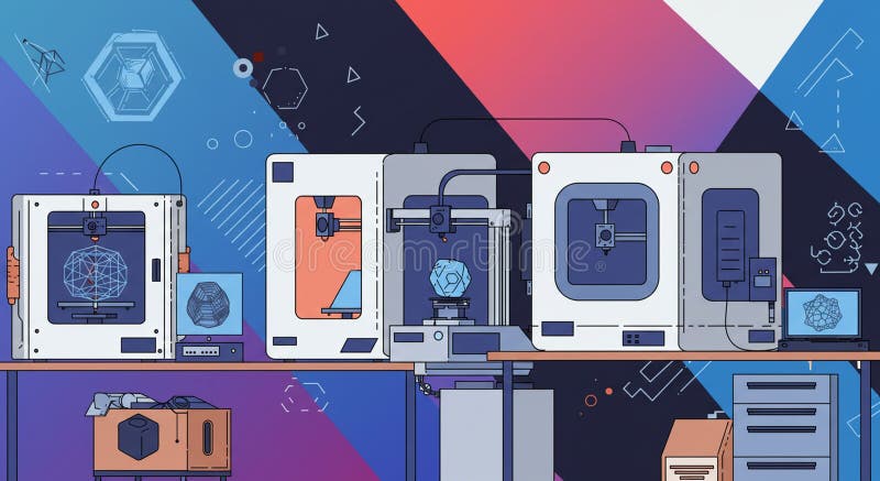 Three 3D Printers Showcasing Geometric Models on Their Build Platforms ...