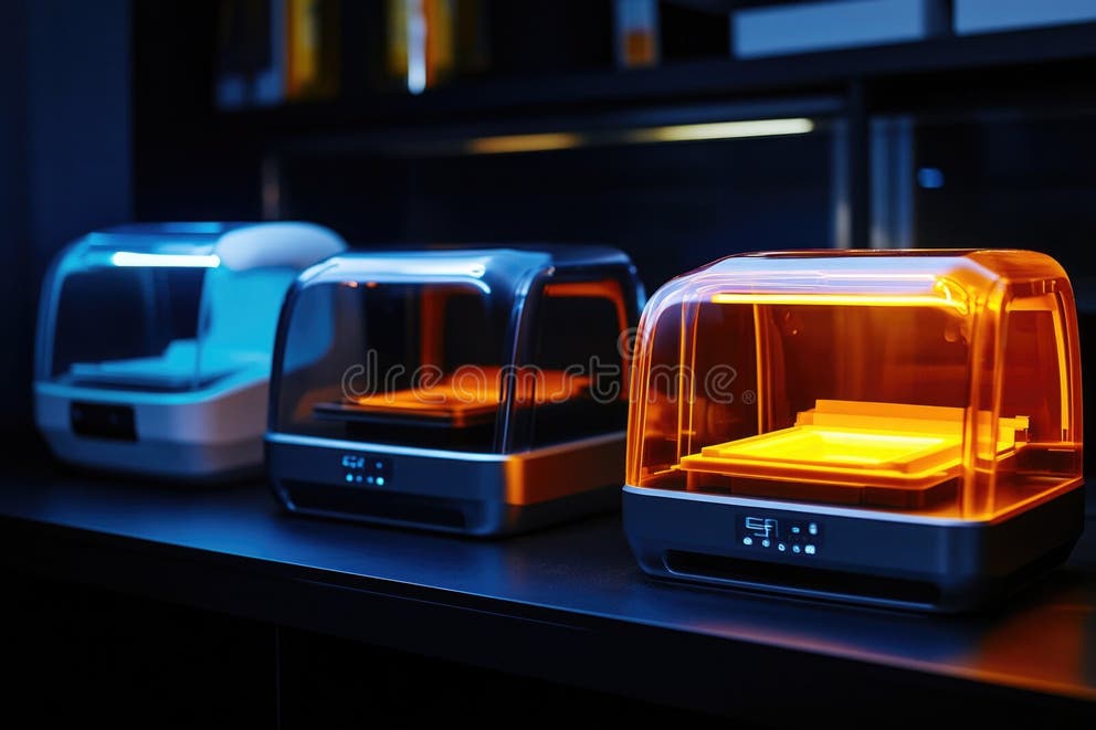 Three 3D Printers Sitting on a Shelf in a Dark Room Stock Illustration ...