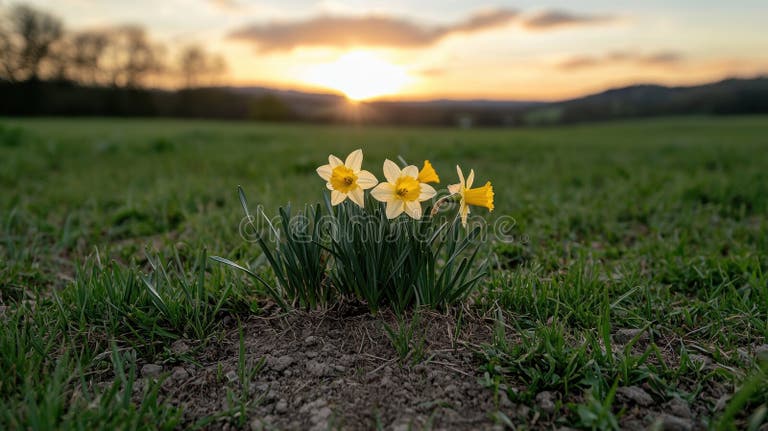 Three Daffodils in a Field at Sunset Stock Illustration - Illustration of flora, scenic: 358048902
