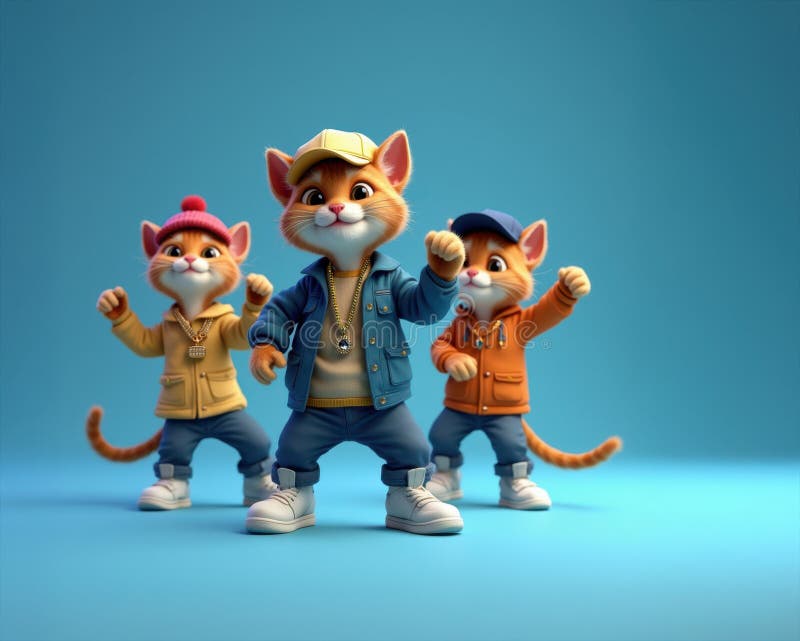 Three Dancing Cats in Hip Hop Rap Clothes Dancing on Plain Blue ...