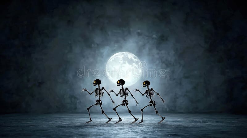 Three Dancing Skeletons Under a Full Moon with a Dark Eerie Background ...