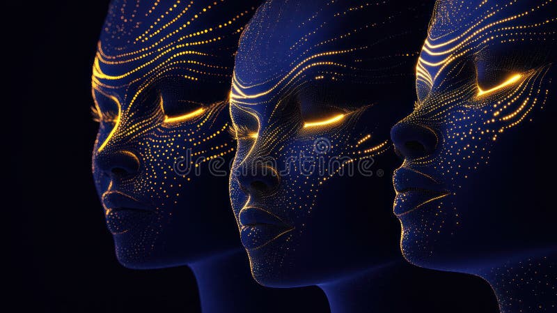 Three Dark-blue Female Faces with Glowing Golden Lines and Dots ...
