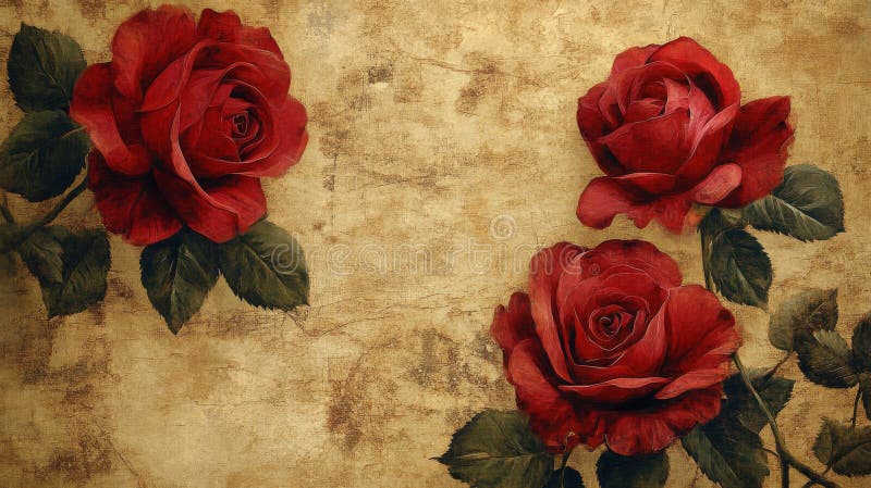 Three Dark Red Roses on Antique Parchment Background Stock Illustration ...