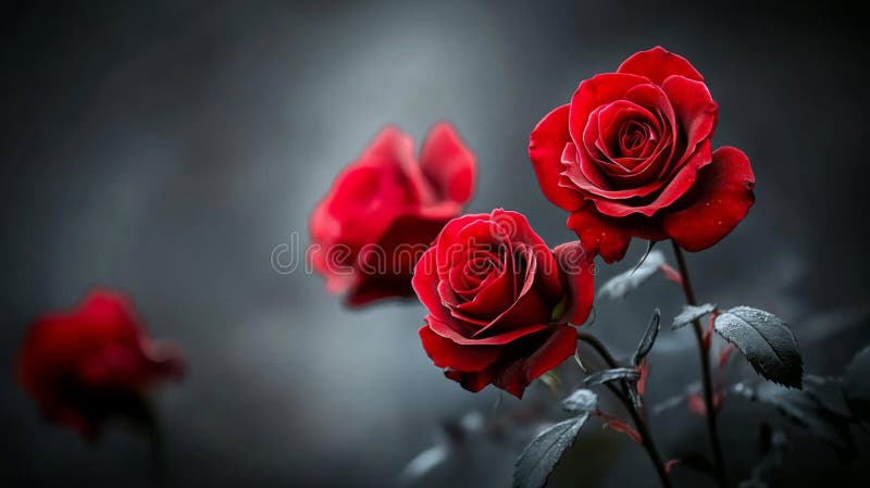Three Dark Red Roses in Soft Focus Bloom Stock Illustration ...