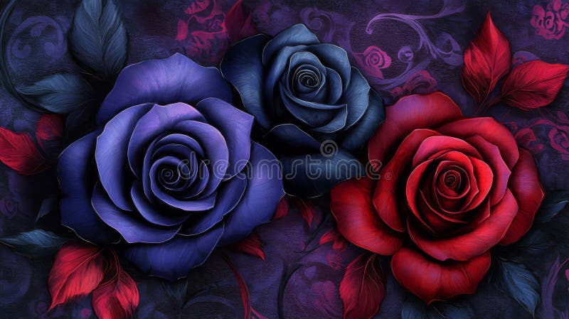 Three Dark Roses with Deep Red Leaves Stock Illustration - Illustration ...