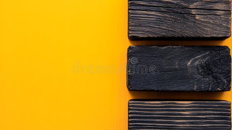 Three Dark Wooden Blocks on Vibrant Yellow Background for Design ...