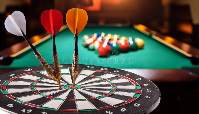Three Darts in a Dart Board with a Pool Game in the Background, Games ...