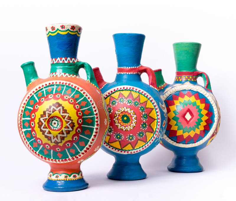 Three Decorated Colorful Handcrafted Pottery Jugs Stock Image - Image ...