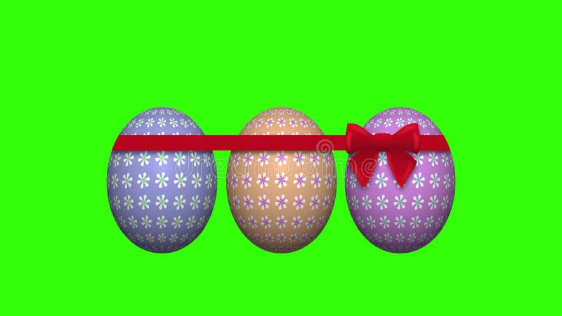 Three Decorated Easter Eggs on Green Screen with Red Ribbon Stock ...