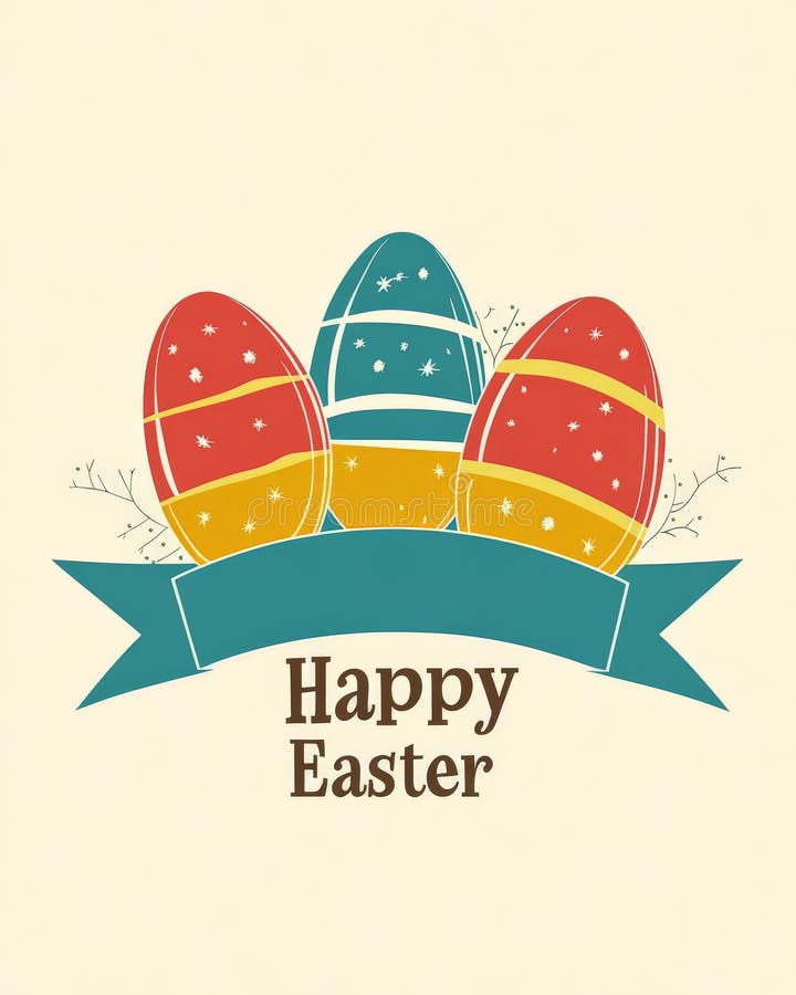 Three Decorated Easter Eggs with a Ribbon Banner Reading Happy Easter ...