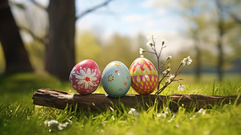 Three Decorated Easter Eggs Sitting on a Log in the Grass. Perfect for ...