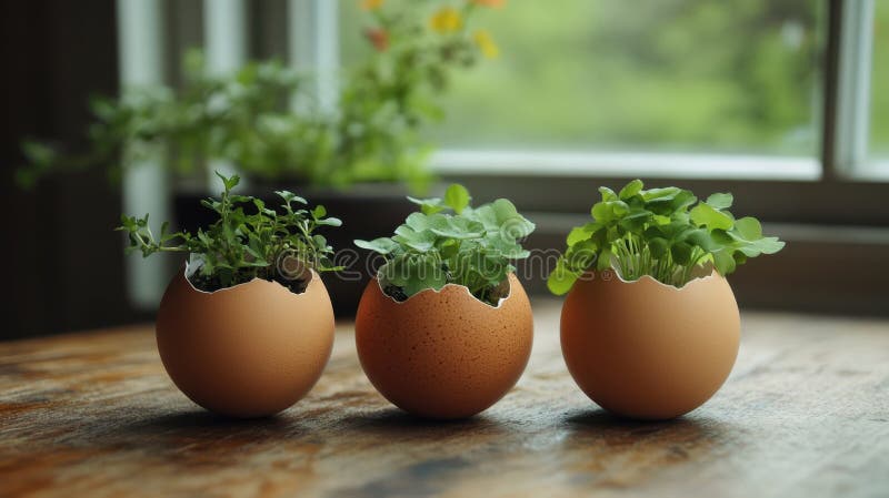 Three Decorated Eggs with Plants Rest on a Table by a Window ...