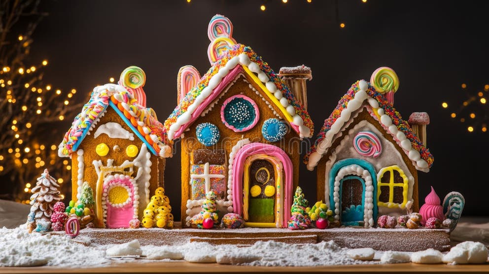 Three Decorated Gingerbread Houses with Candy and Sprinkles Stock ...