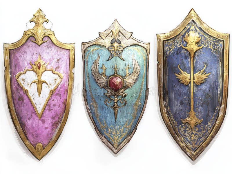 Three Decorated Shields in Different Colors Stock Illustration ...