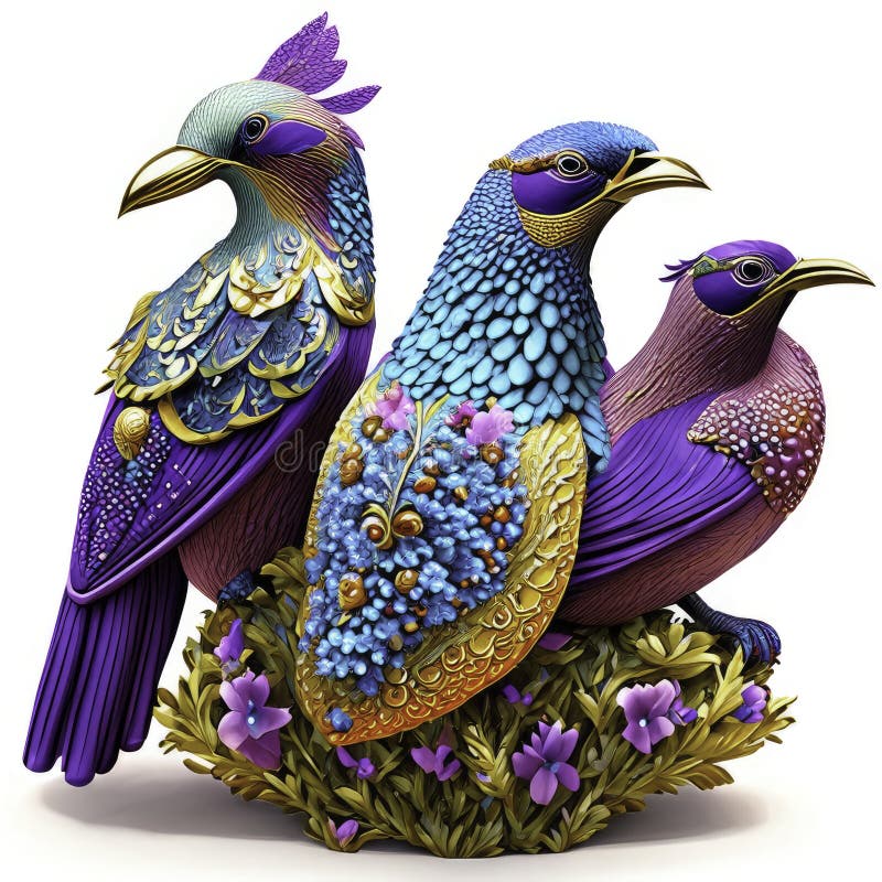 Three Decorative Birds Isolated on a White Background. 3d Render Stock ...