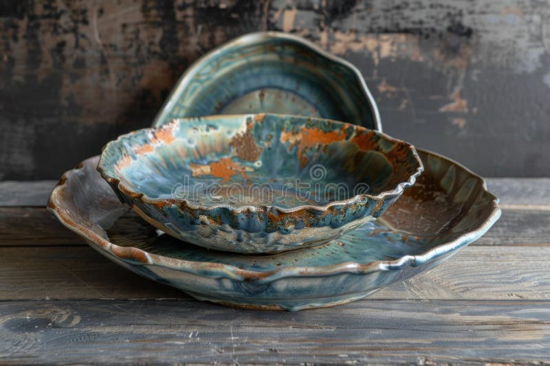 Three Decorative Ceramic Plates with Wavy Edges are Sitting on a Wooden ...