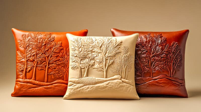 Embossed Leather Pillows Showing Forest Landscape on Beige Background ...