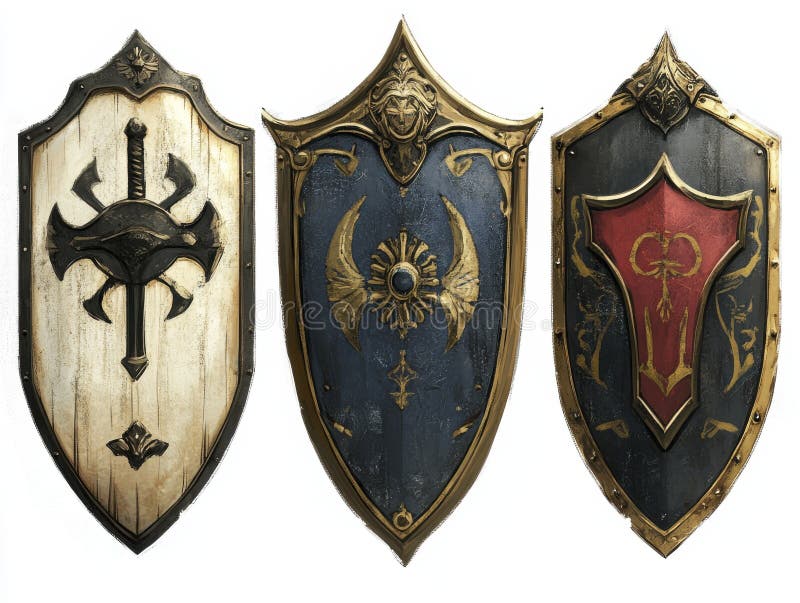 Three Decorative Medieval Shields with Different Designs Stock ...