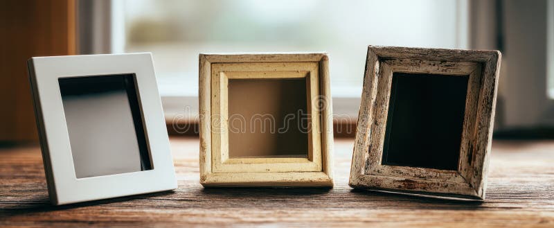 The Three Decorative Photo Frames Resting on a Wooden Tabletop..AI ...