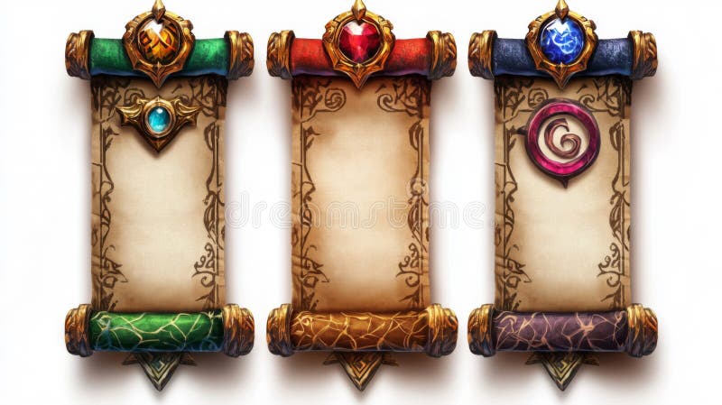 Three Decorative Scrolls with Embellishments in Green Red and Purple ...
