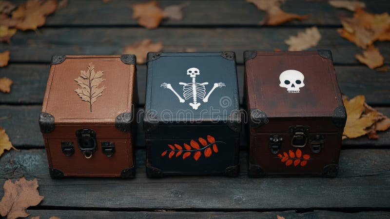 Three Decorative Treasure Chests with Unique Designs on a Wooden ...
