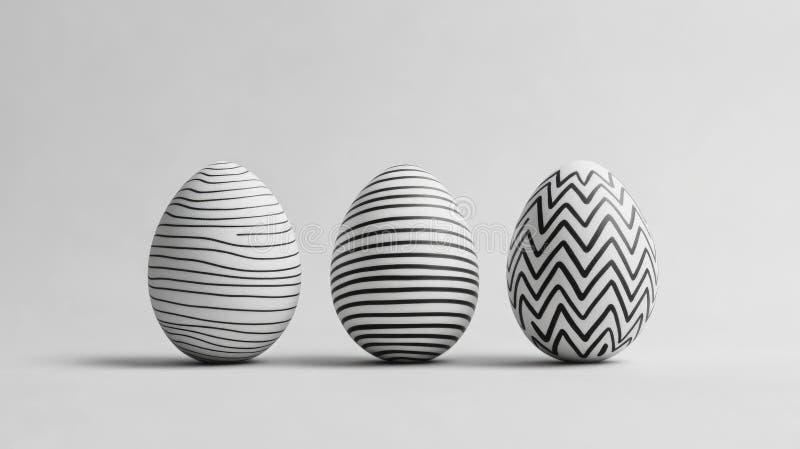 Three Decoratively Painted Black and White Eggs with Unique Patterns ...